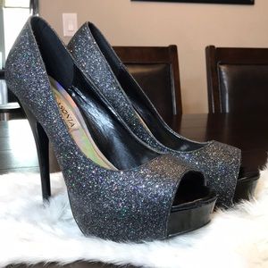Lasonia | Shoes | Black Heels Shimmery Peep Toe Lasonia Size 85 | Poshmark